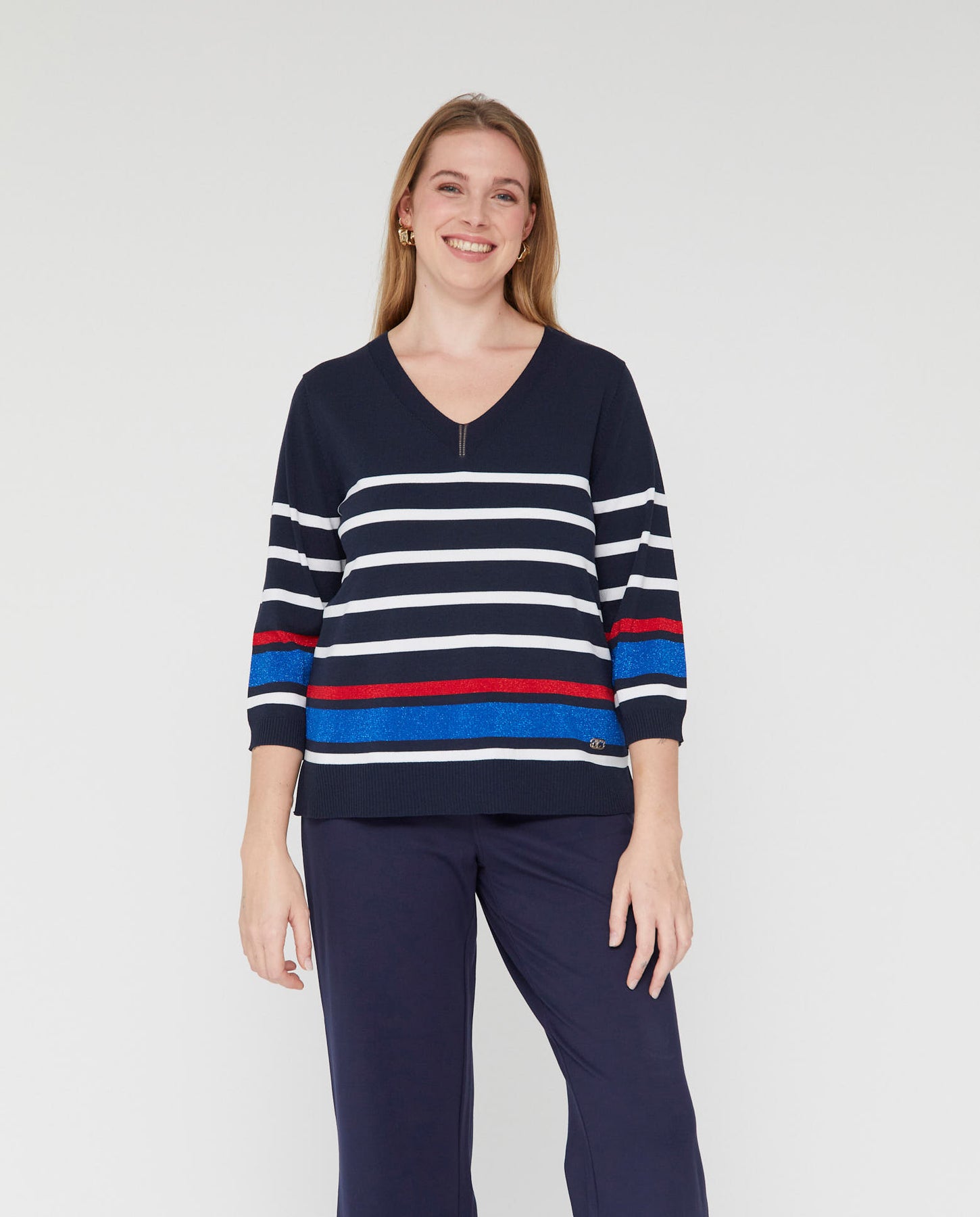 Jersey Manga Tres Cuartos Con Cuello Pico Y Rayas Azul Marino – October